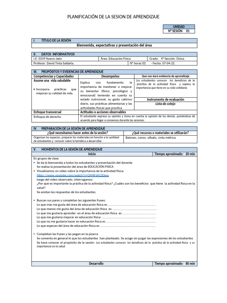 PLANIFICACIÓN DE LA SESION 01 DE APRENDIZAJE - 5to Secundaria | PDF ...