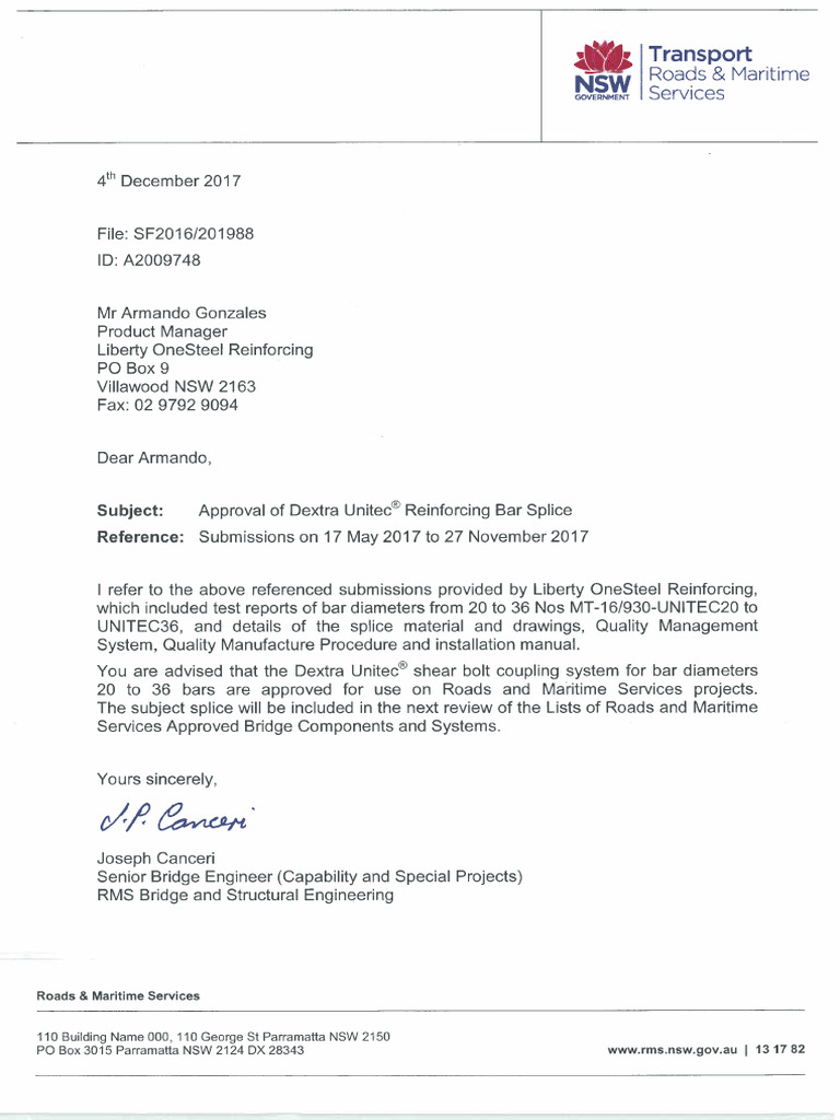 Australia RMS Approval Letter Unitec 20-36 MM | PDF