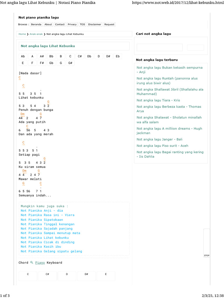 Not Angka Lagu Lihat Kebunku - Notasi Piano Pianika | PDF