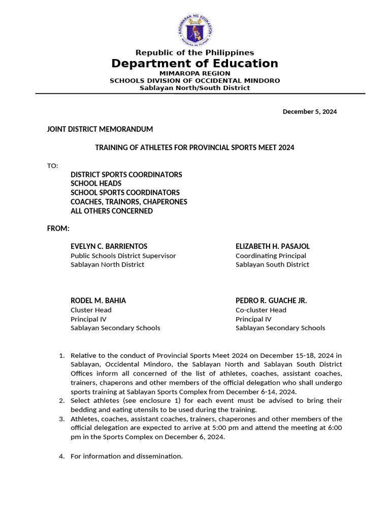 Provincial Sports Meet 2024 Training Memo | PDF