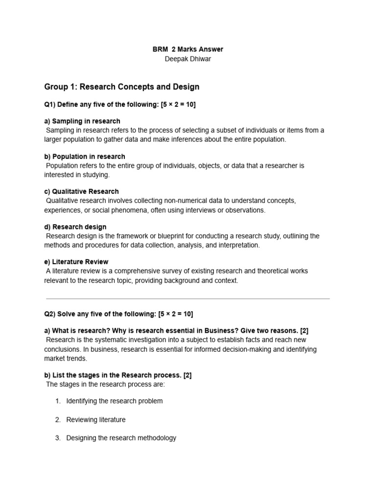 BRM 2 Marks Answer SemII | PDF | Sampling (Statistics) | Survey Methodology