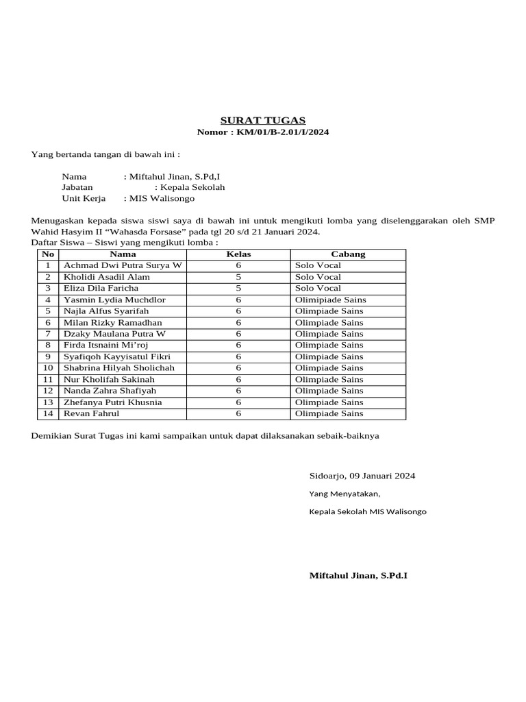 Surat Tugas Lomba | PDF