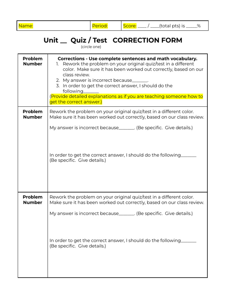 Quiz - Test Correction Form 1 1 | PDF