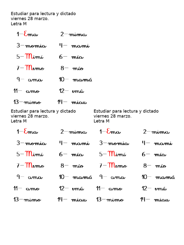 Estudiar para Lectura y Dictado Viernes 28 Marzo | PDF