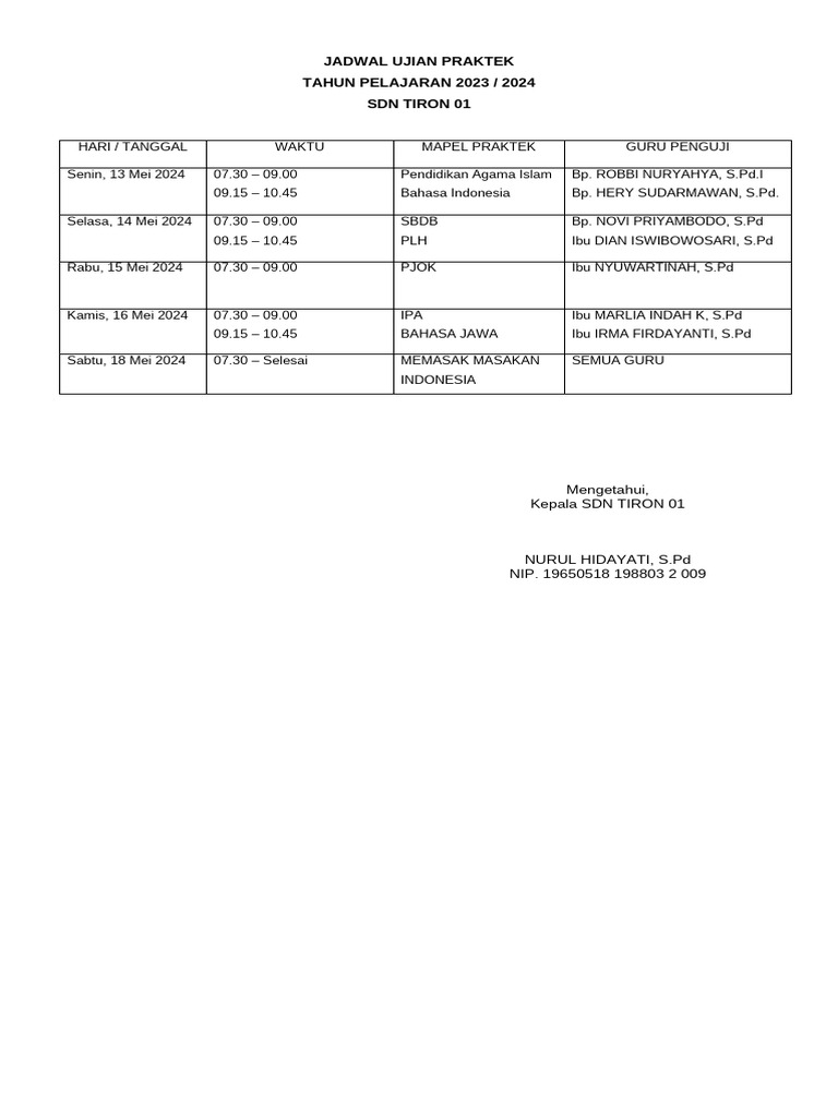 Jadwal Ujian Praktek 2023,2024 | PDF
