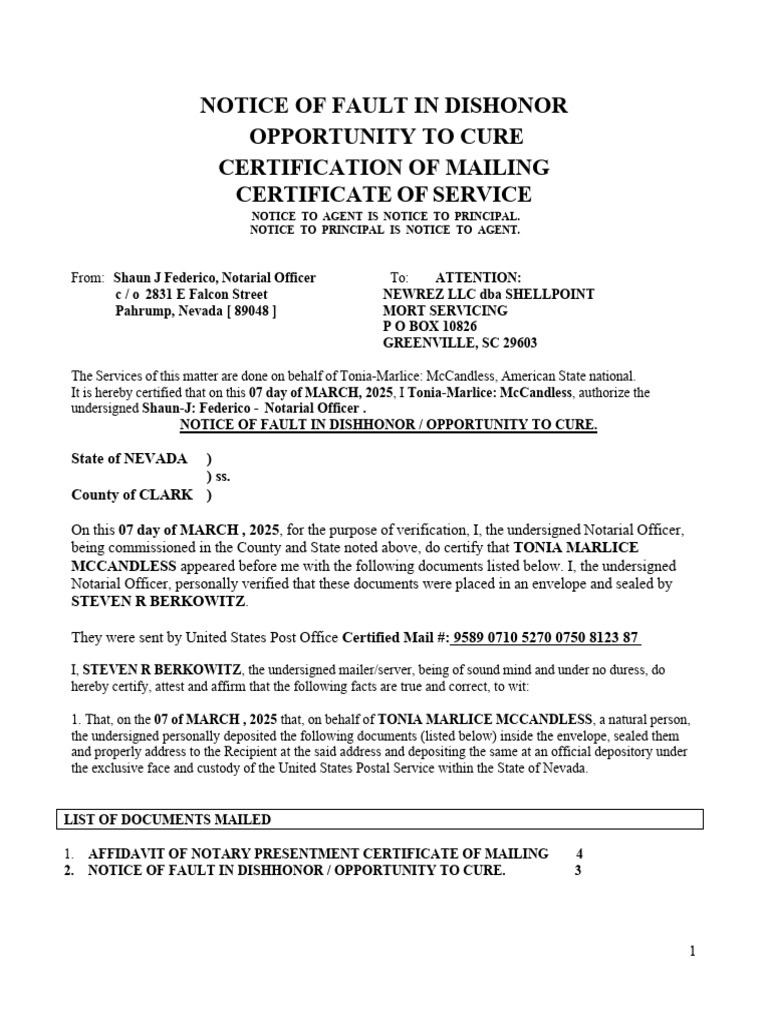 Notice of Fault in Dishonor Document | PDF | United States Postal ...