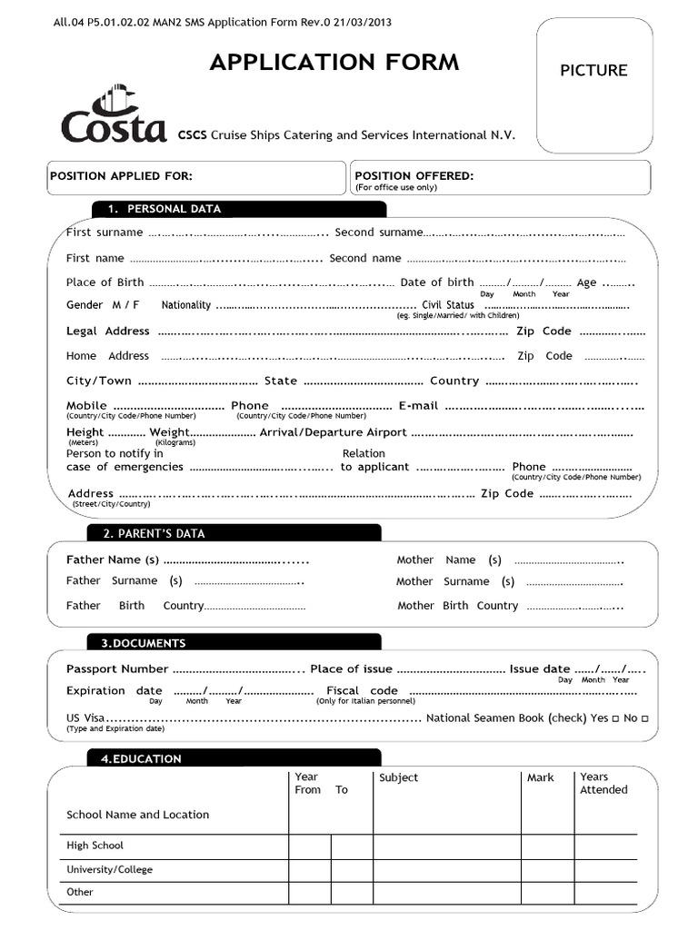 Costa Application Form | PDF | Human Communication