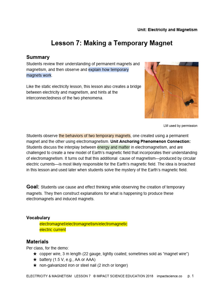 Lesson 7 - Making A Temporary Magnet | PDF | Magnetic Field | Magnetism