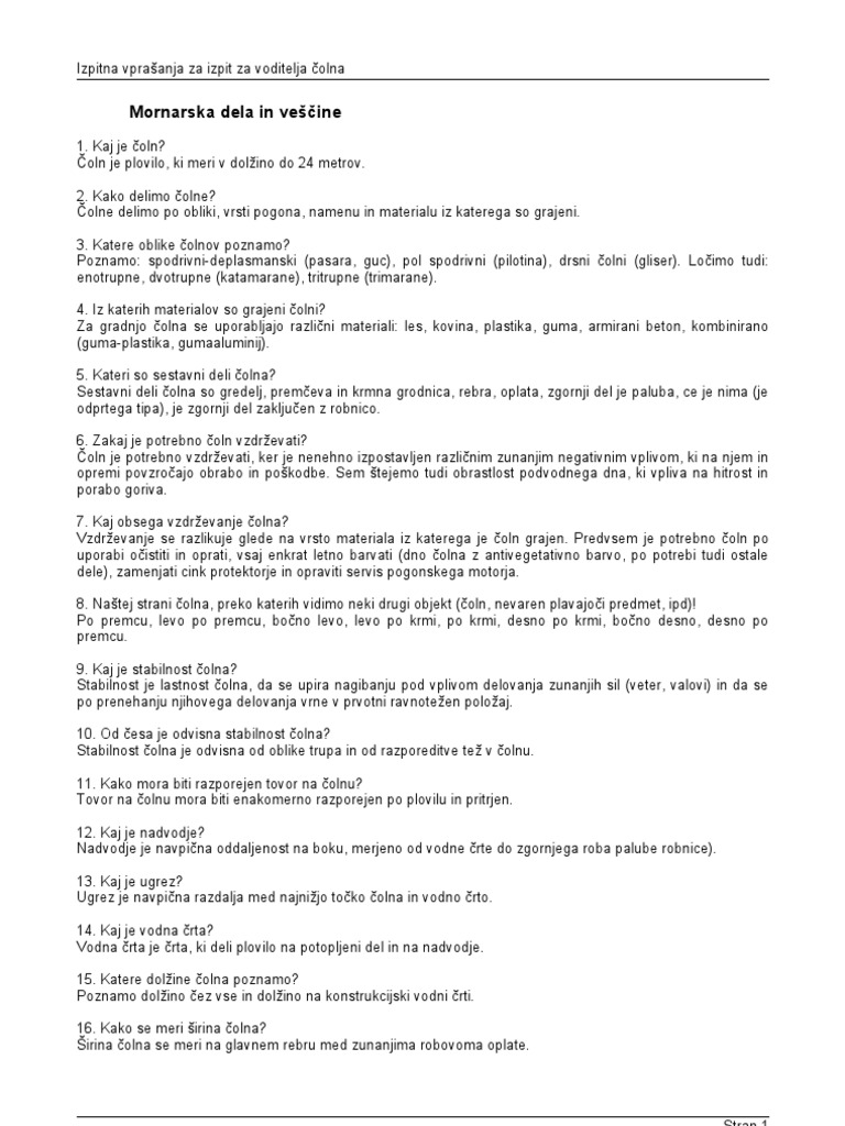Izpitna Vprašanja Za Izpit Za Voditelja Čolna | PDF