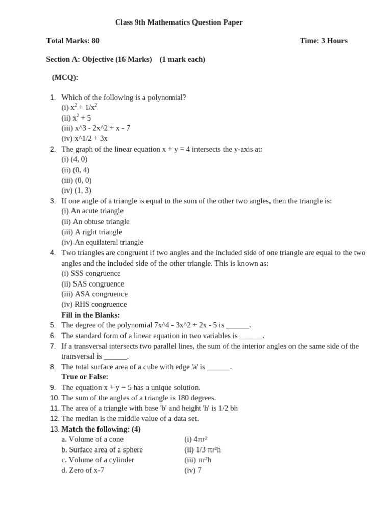 Class 9th Maths Question Paper | PDF | Triangle | Geometric Shapes