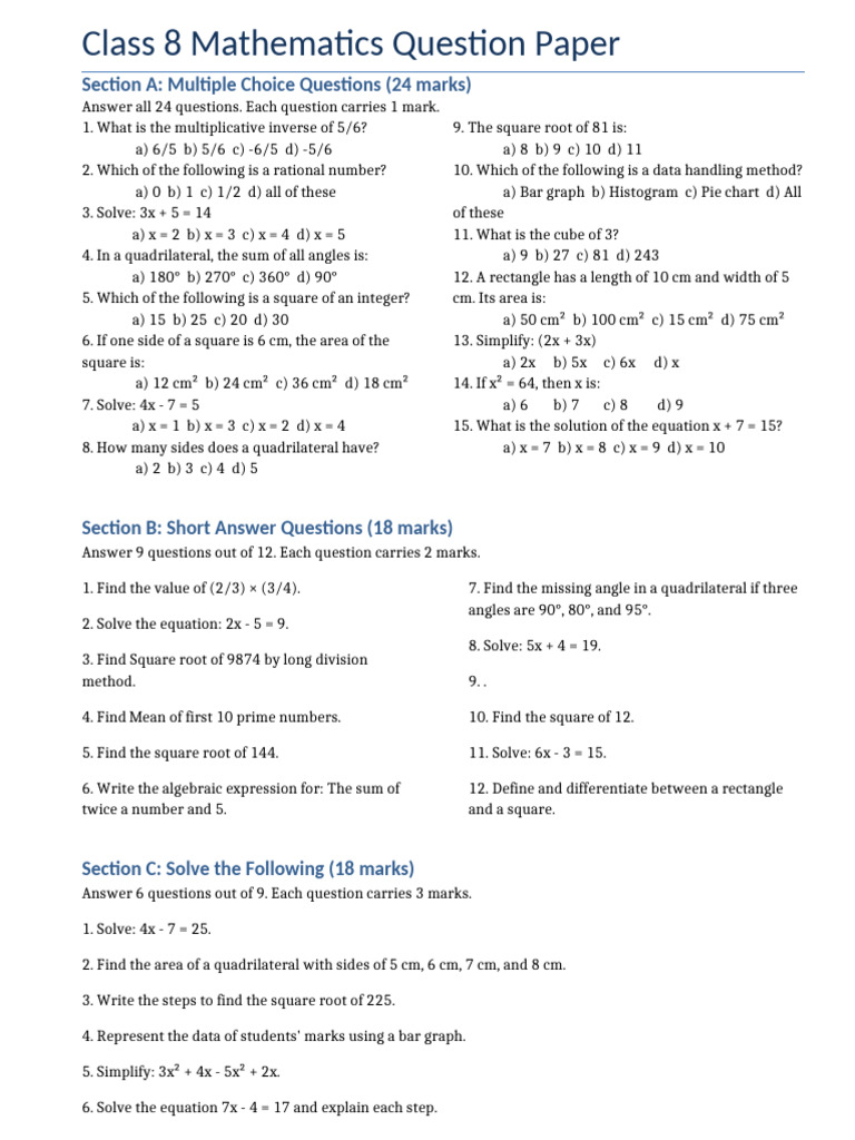 Class 8 Mathematics Question Paper | PDF | Area | Mathematics