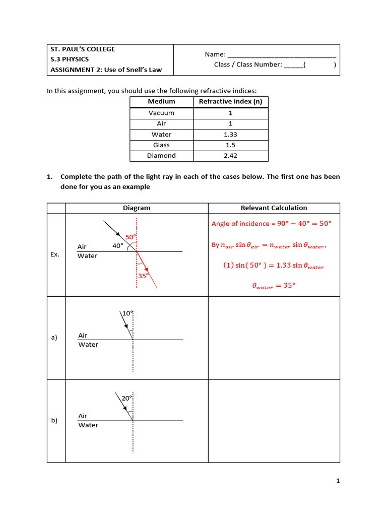 Snell's Law Physics Assignment Guide | PDF | Refraction | Refractive Index