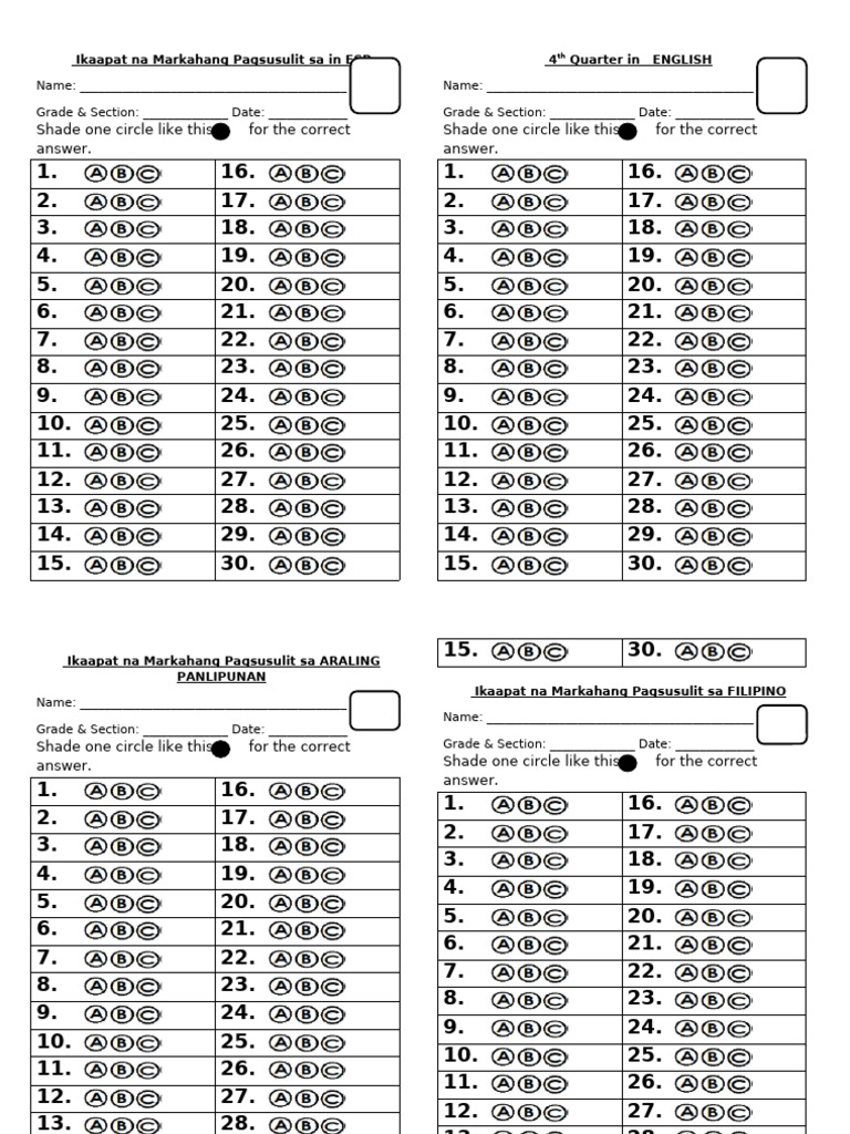 Answersheet 4th Quarter | PDF