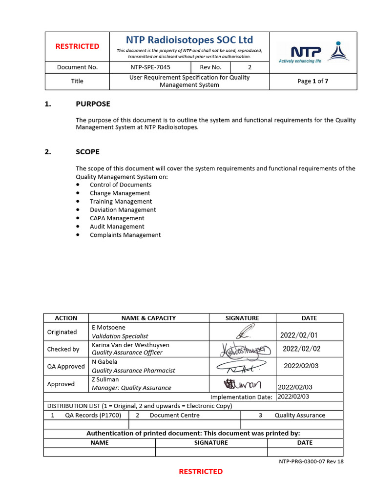 1.a Ntp-Spe-7045 Qms Urs Rev 2 | PDF | Verification And Validation ...