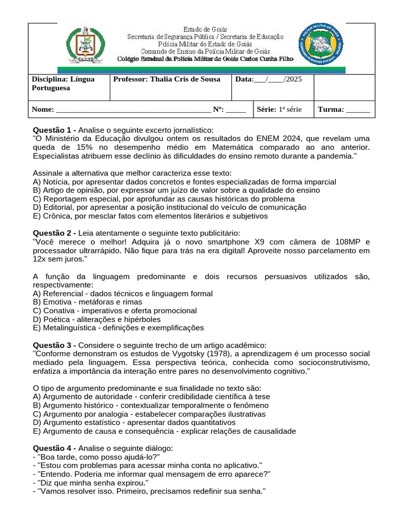 1 Serie - Simulado - LP | PDF | Narrativa | Poesia