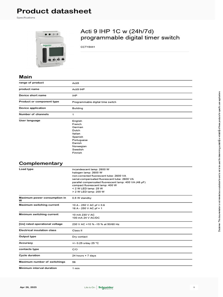 Acti 9 IHP Programmable Timer Switch | PDF | Fluorescent Lamp | Switch