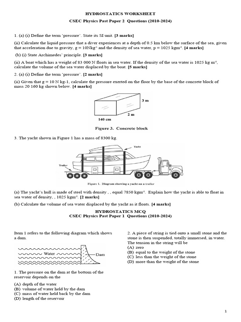 Hydrostatics Worksheet | PDF | Buoyancy | Pressure