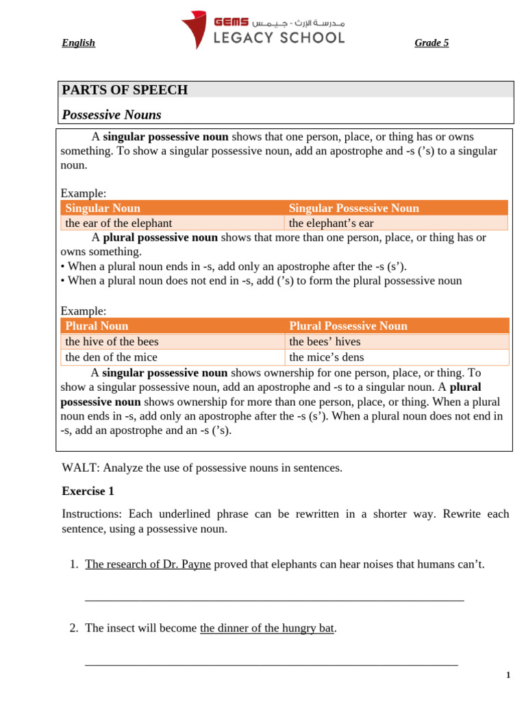 Possessive Nouns - Grammar Exercise Book - Grade 5 | PDF | Noun | Plural