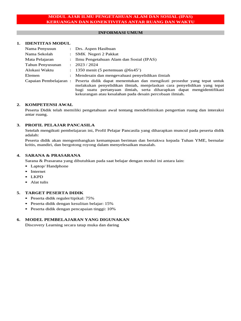 Modul IPAS E - Keruangan Dan Konektivitas Antar Ruang Dan Waktu | PDF