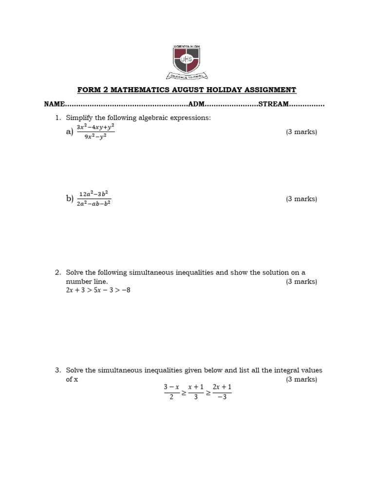 Form 2 Mathematics August Holiday Assignment | PDF | Inequality (Mathematics) | Mathematical ...