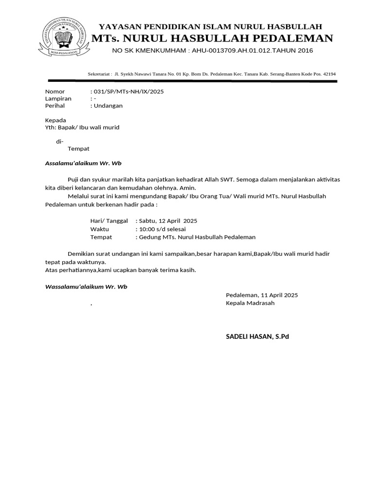 Surat Undangan Wali Murid Mts NH | PDF