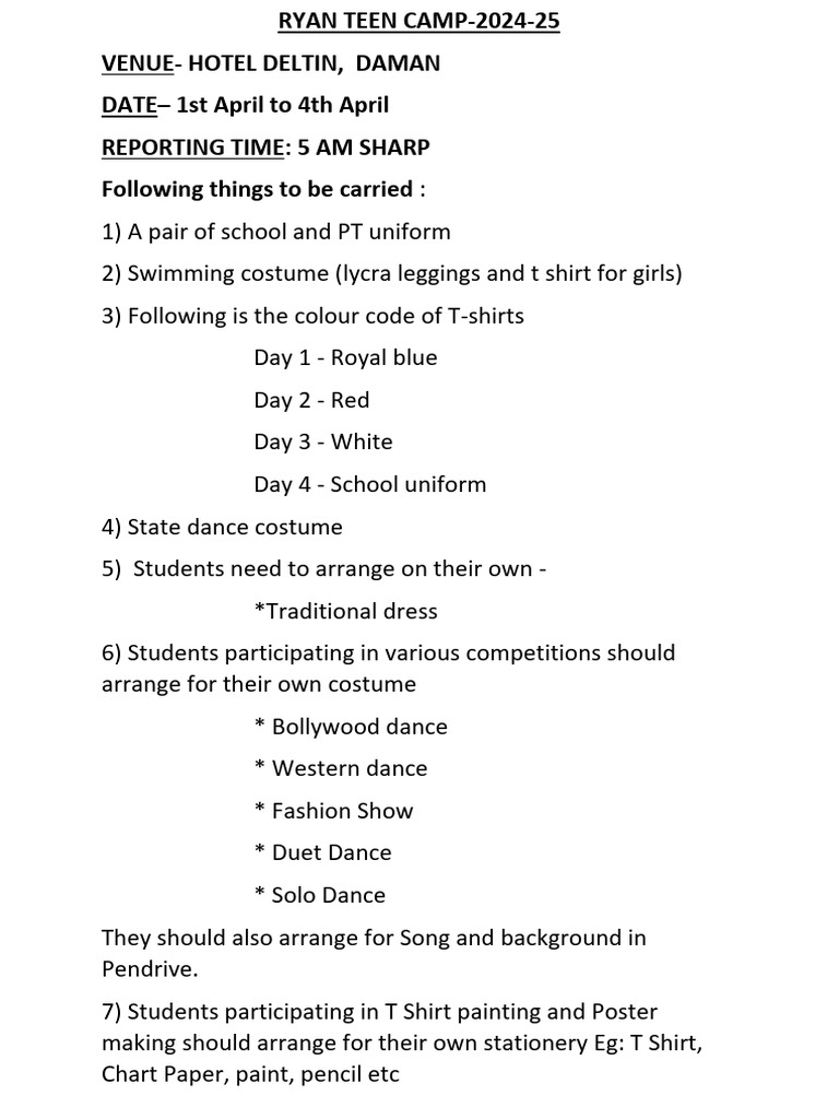 Ryan Teen Camp 2024-25 Details | PDF