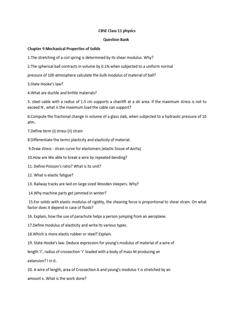 CBSE Class 11 Physics Question Bank | PDF | Young's Modulus ...