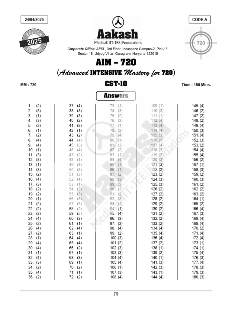 AIM-720 CST-10 P1 (24-04-2025) Sol | PDF | Atomic Nucleus | Applied And Interdisciplinary Physics