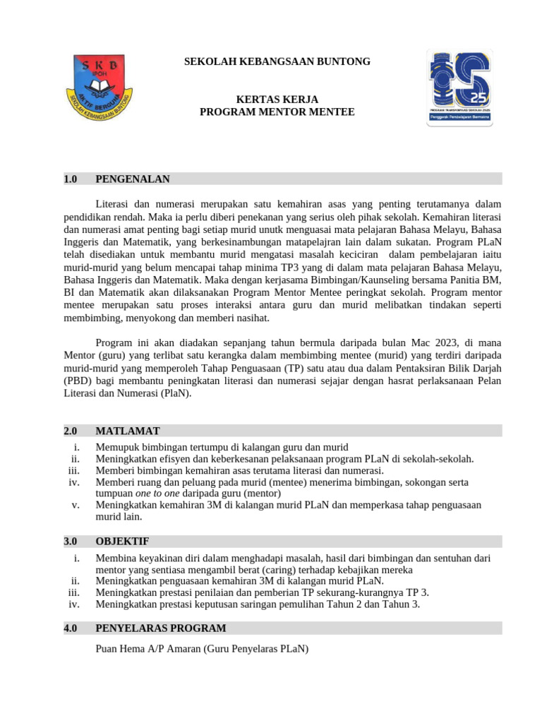 Kertas Kerja Program Mentor Mentee 2024.2025 | PDF