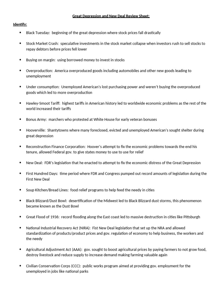 Great Depression and New Deal Review Sheet Answers 2 | PDF | New Deal ...