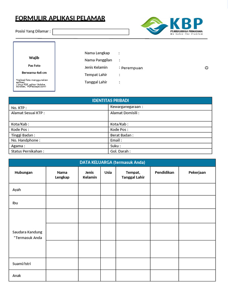 FORM APLIKASI PELAMAR KBP - (Nama) - (Posisi) | PDF