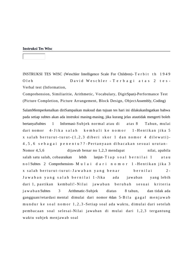 Instruksi Pelaksanaan Tes WISC | PDF