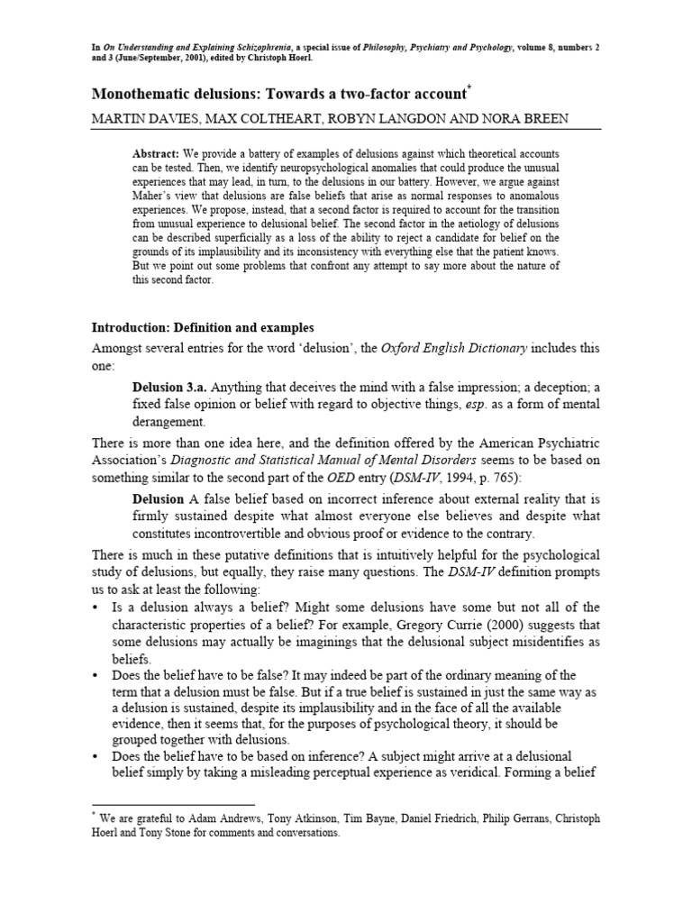 MONOTHEMATIC DELUSIONS, TWO FACTORS ACCOUNT | PDF | Delusion | Experience