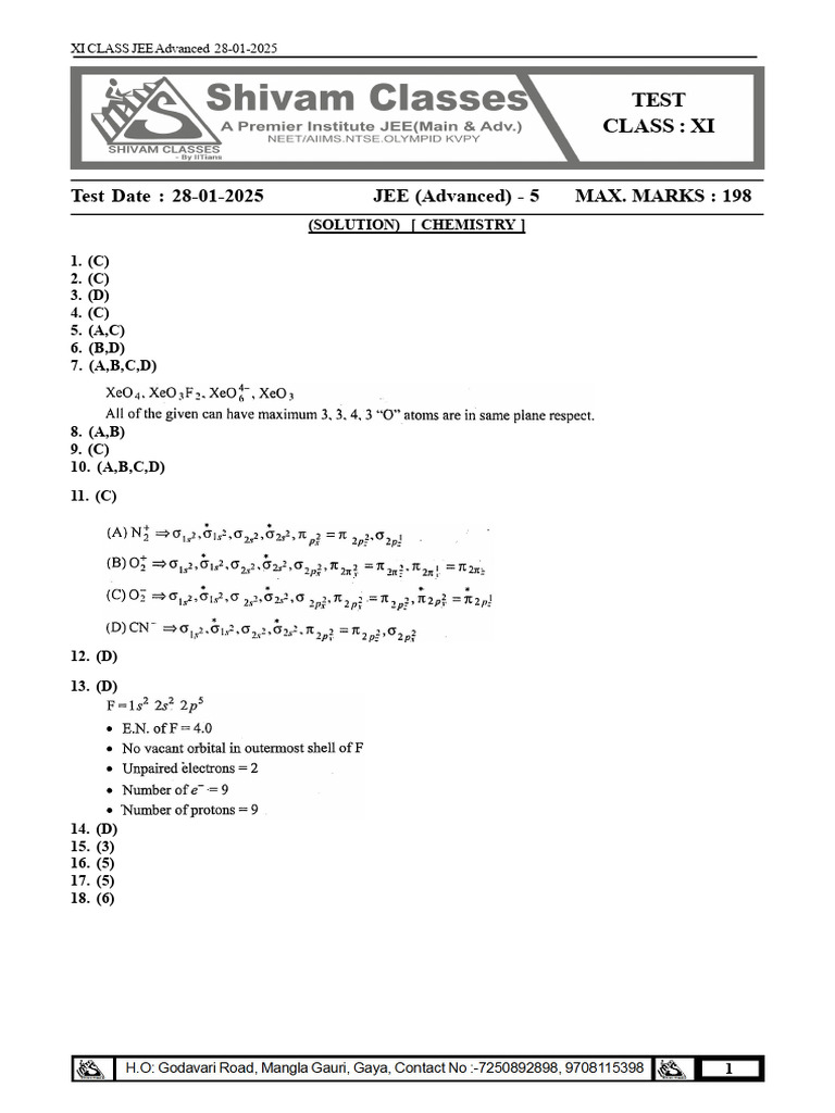 Class Xi Jee Advanced - 5 Solution 28 01 2025 Yg2qQBrnXpu87LKb | PDF