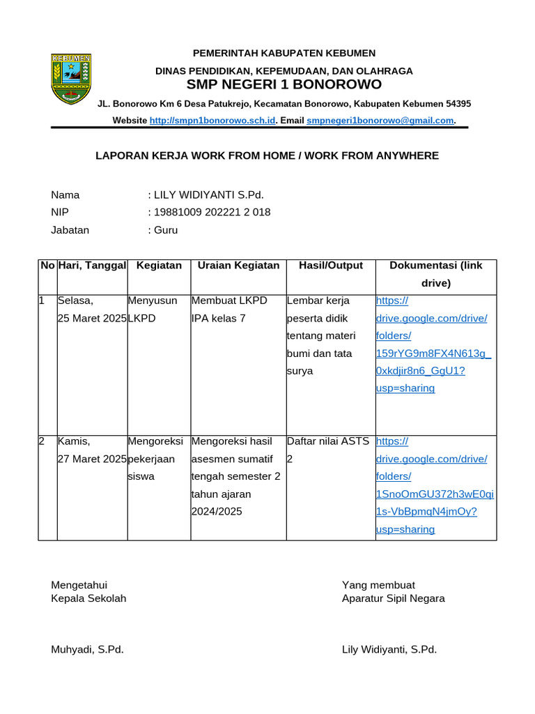 Laporan Kerja Wfh-Wfa Lily Widiyanti | PDF
