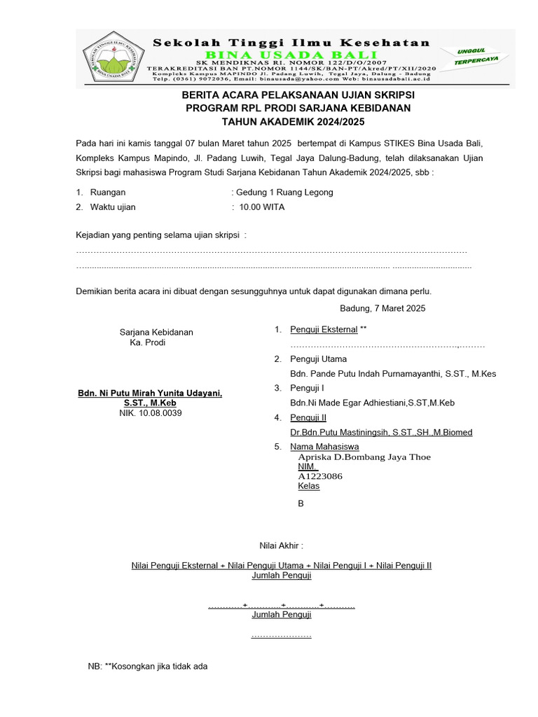 apriska Form Berita Acara Ujian Skripsi sip | PDF