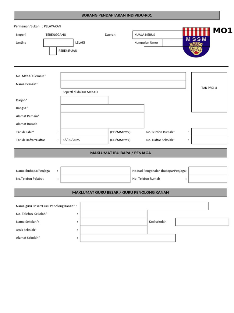 BORANG M01 Sukan Terengganu | PDF