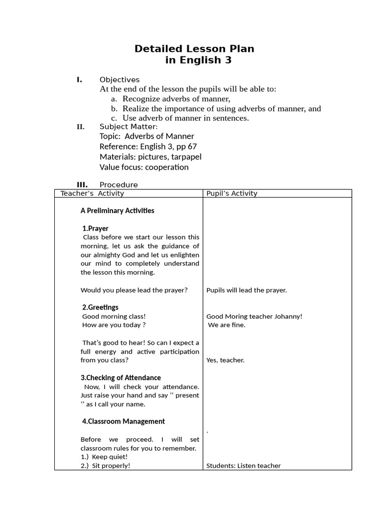 Lesson Plan in English 3 | PDF | Adverb | Adjective