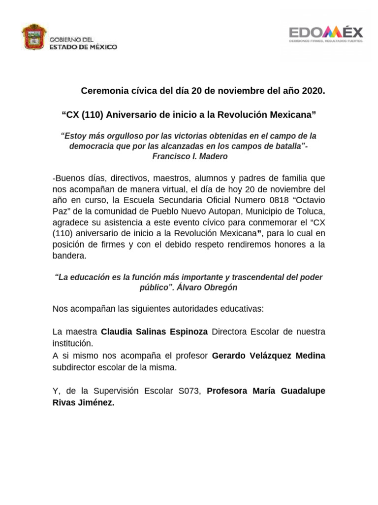 Programa de evento cívico 20 de noviembre 2020 | PDF | revolución mejicana | México