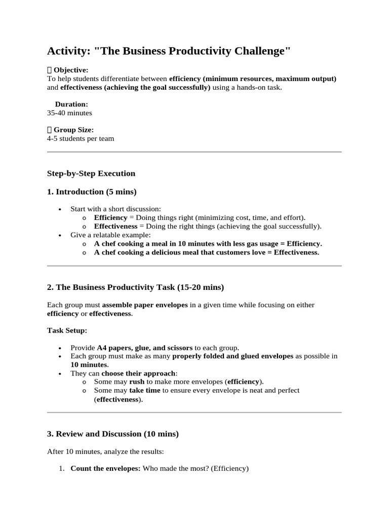 Efficiency VS Effectiveness Activity | PDF