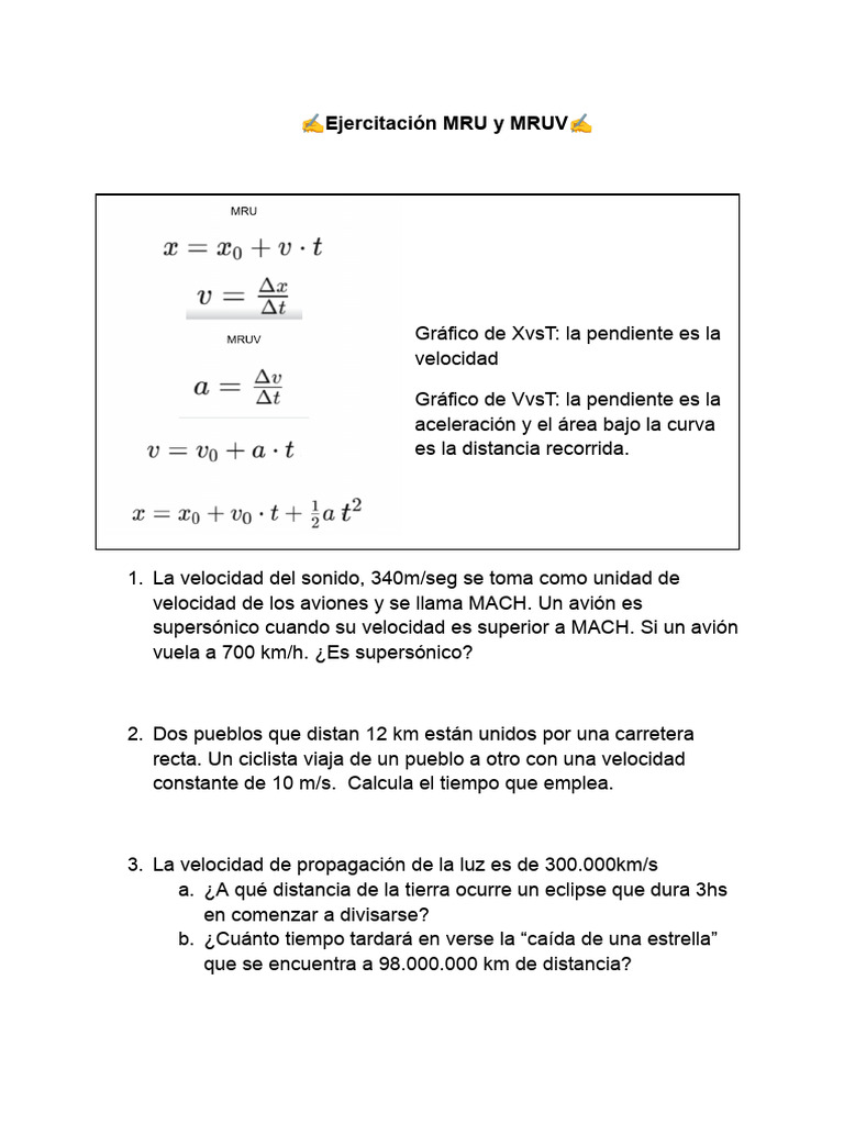 Ejercicios MRU y MRUV | PDF | Velocidad | Aceleración