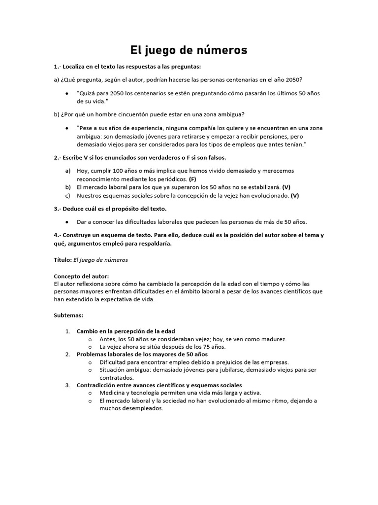 El juego de números respuestas | PDF