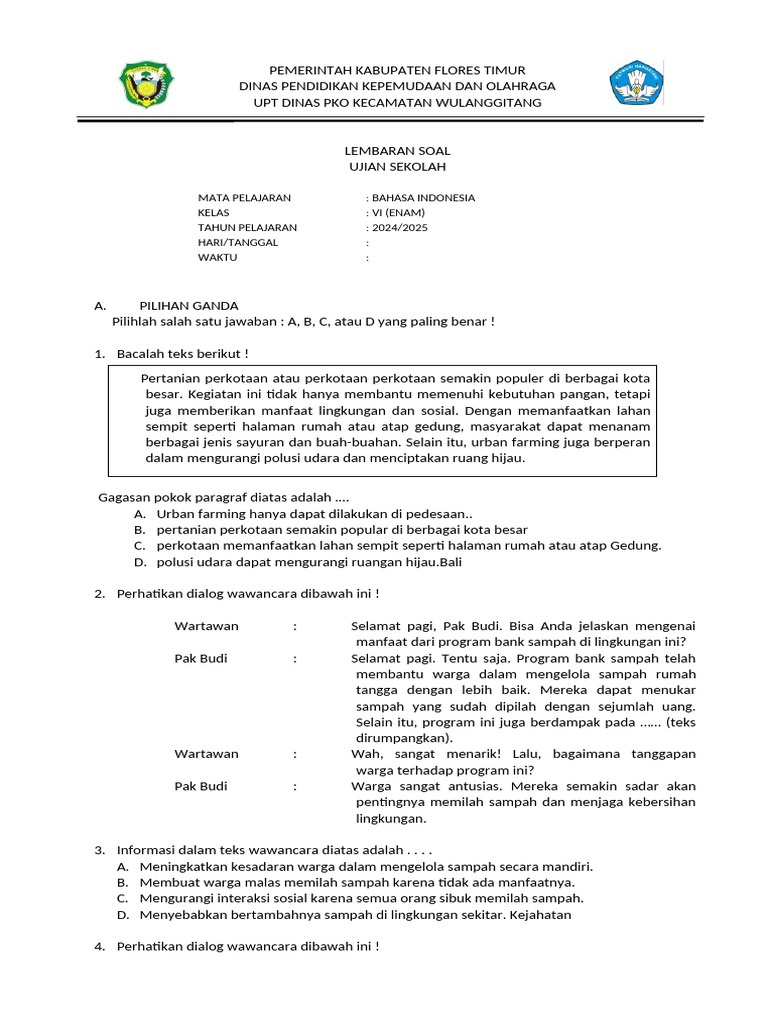 Soal Us Kelas 6 Bindo 2024 - 2025 | PDF