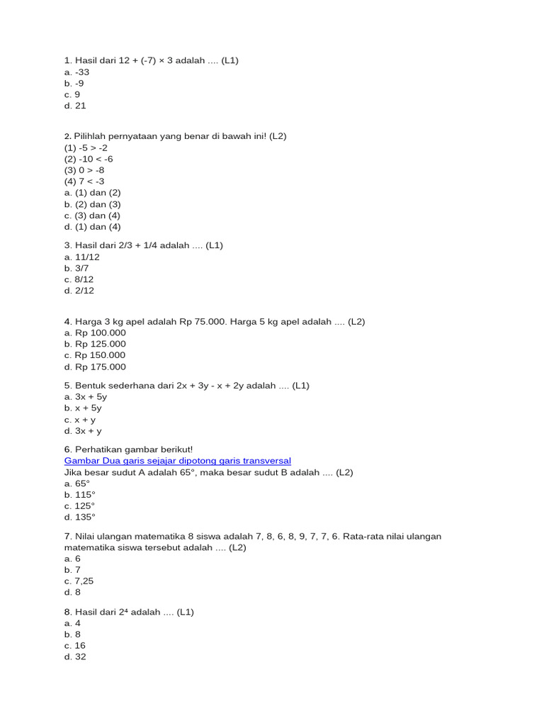 KISI KISI SOAL MTK UM | PDF