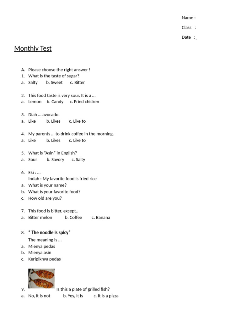 Food Taste Quiz in English | PDF