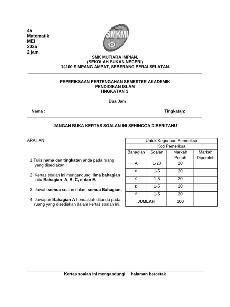 Cover Soalan Exam | PDF