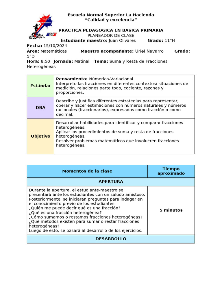 Planeación Final Suma y Resta Fracciones | PDF | Sustracción | Matemática Elemental