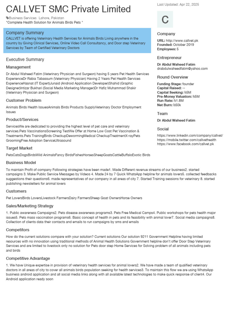 CALLVET SMC Private Limited-One-pager | PDF | Veterinary Medicine | Pet