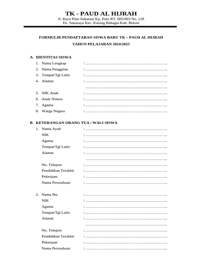 Formulir Pendaftaran Siswa Baru TK 2024 | PDF