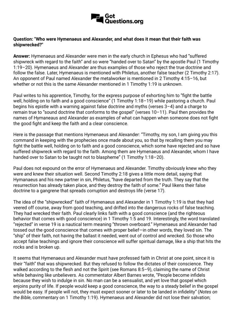 Who Were Hymenaeus and Alexander, and What Does It Mean That Their ...